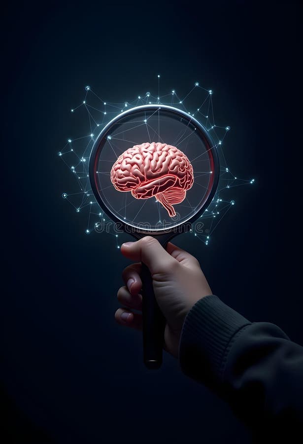 A Magnifying Glass Holding and Showing a Human Brain Stock Illustration ...