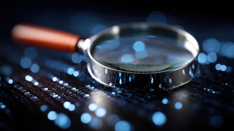 A Magnifying Glass Hovers Over a Digital Background with Binary Code and Glowing Bokeh Lights ...
