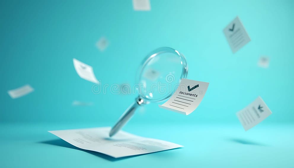 Magnifying Glass Examining Floating Documents Against a Light Blue Background in a Studio ...