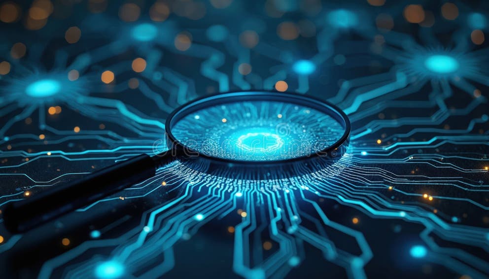 Magnifying Glass Hovers Over Glowing Digital Network, Symbolizing Data ...