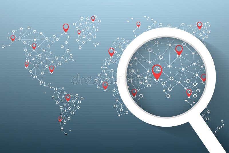 Magnifying Glass Icon Search Location on World Map Stock Vector ...