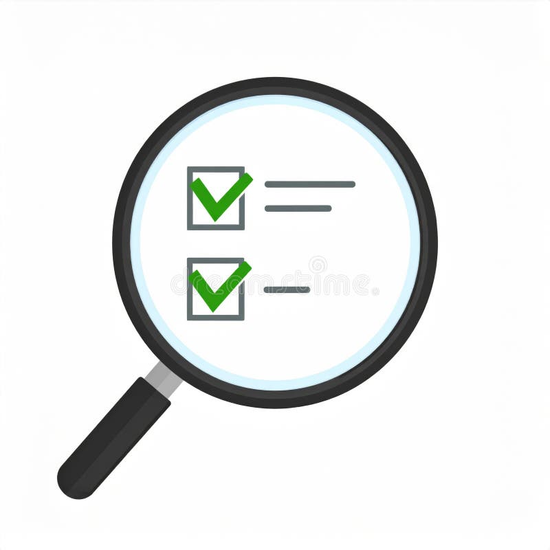 Magnifying Glass Inspecting Checklist with Green Check Marks on White ...