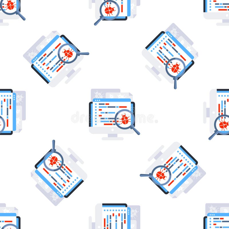 Magnifying Glass Inspecting Computer Code For Bugs On Monitor Screen Seamless Pattern Stock