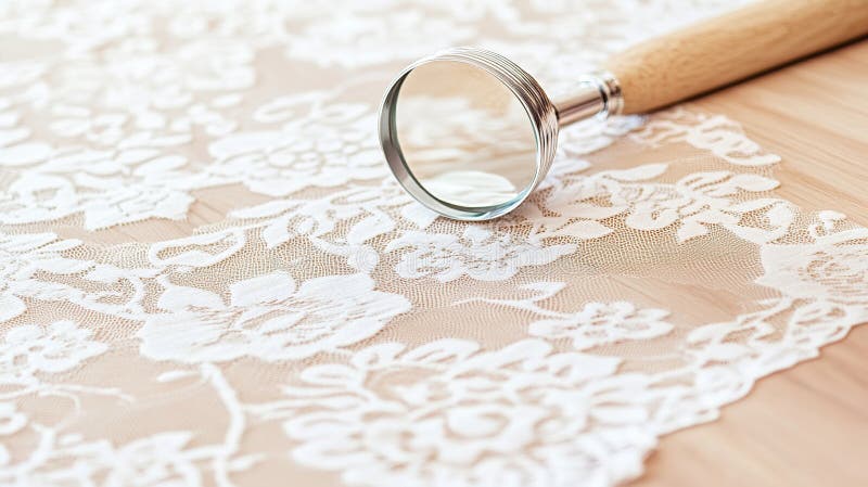 Magnifying Glass Inspecting Lace Fabric on Wood Stock Image - Image of ...