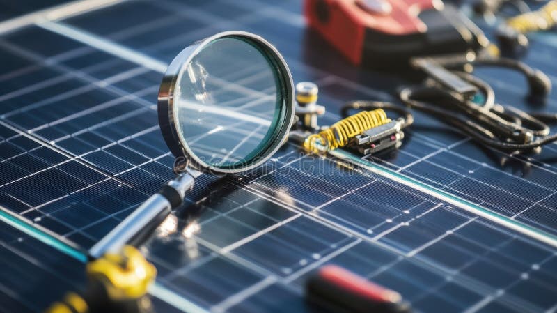 Magnifying Glass Inspecting Solar Panel for Renewable Energy Research ...