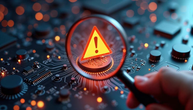 Magnifying Glass Inspects Circuit Board Component with Warning Sign ...