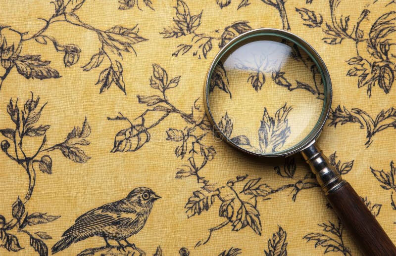 Magnifying Glass on Intricate Bird and Leaf Pattern Background Stock ...