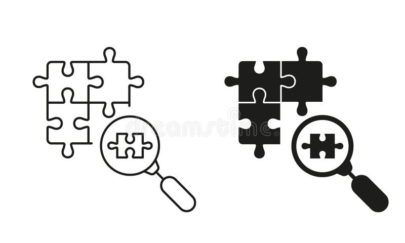 Magnifying Glass and Jigsaw Pieces Line and Silhouette Icon Set ...