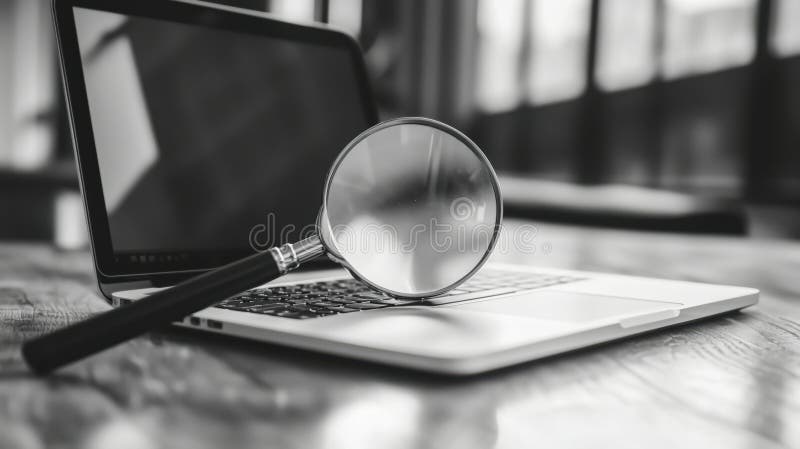Magnifying Glass on a Laptop in a Workspace, Highlighting Technology ...