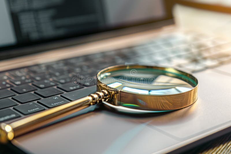 A Magnifying Glass Lies on the Keyboard of a Modern Laptop Stock Image ...
