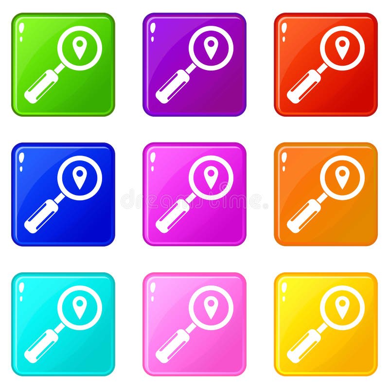Magnifying Glass and Location Icons 9 Set Stock Vector - Illustration ...