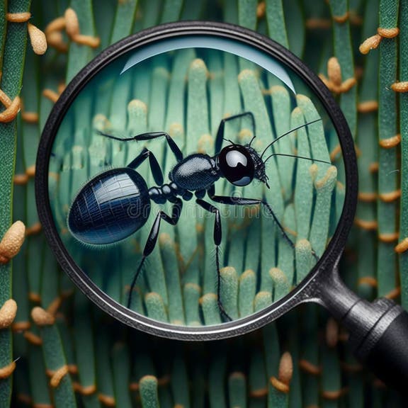 The Magnifying Glass Looking Down on Black Ant on the Grass. Stock ...