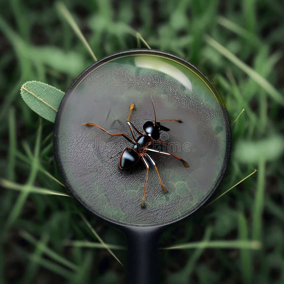 The Magnifying Glass Looking Down on Black Ant on the Grass. Stock ...