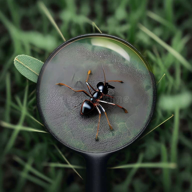 The Magnifying Glass Looking Down on Black Ant on the Grass. Stock ...
