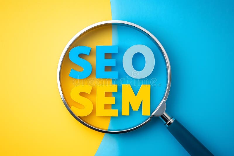 A Magnifying Glass Looking at the Words SEO and SEM, Over a Yellow and ...