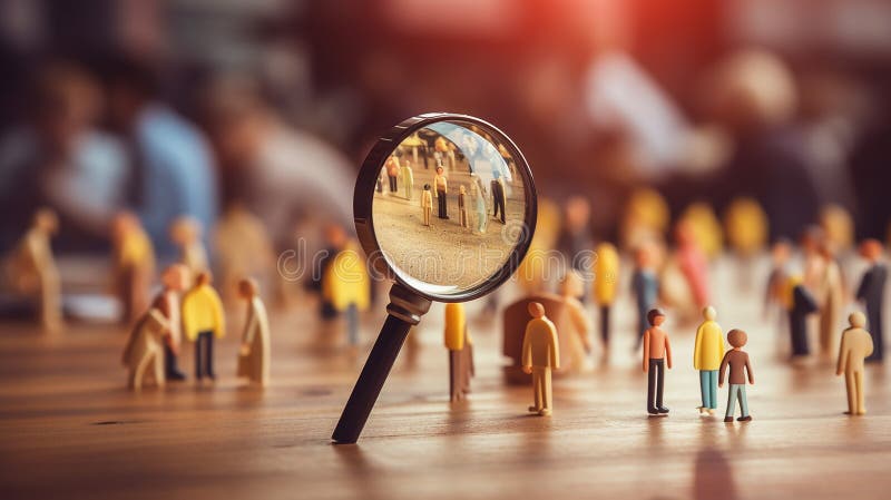 A Magnifying Glass Looks at a Crowd of Wooden Figure Stock Illustration ...