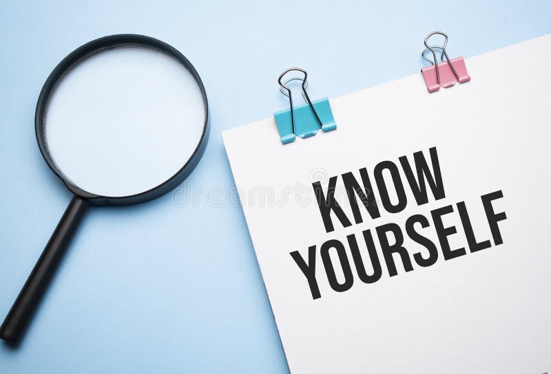 Magnifying Glass Loupe with Sign KNOW YOURSELF on the Paper Notepad ...