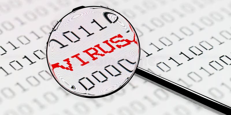 Magnifying Glass Or Magnifier Looking At Binary Code With The Word Virus Embedded Computer Or