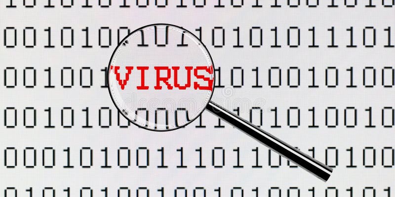 Magnifying Glass Or Magnifier Looking At Binary Code With The Word Virus Embedded Computer Or