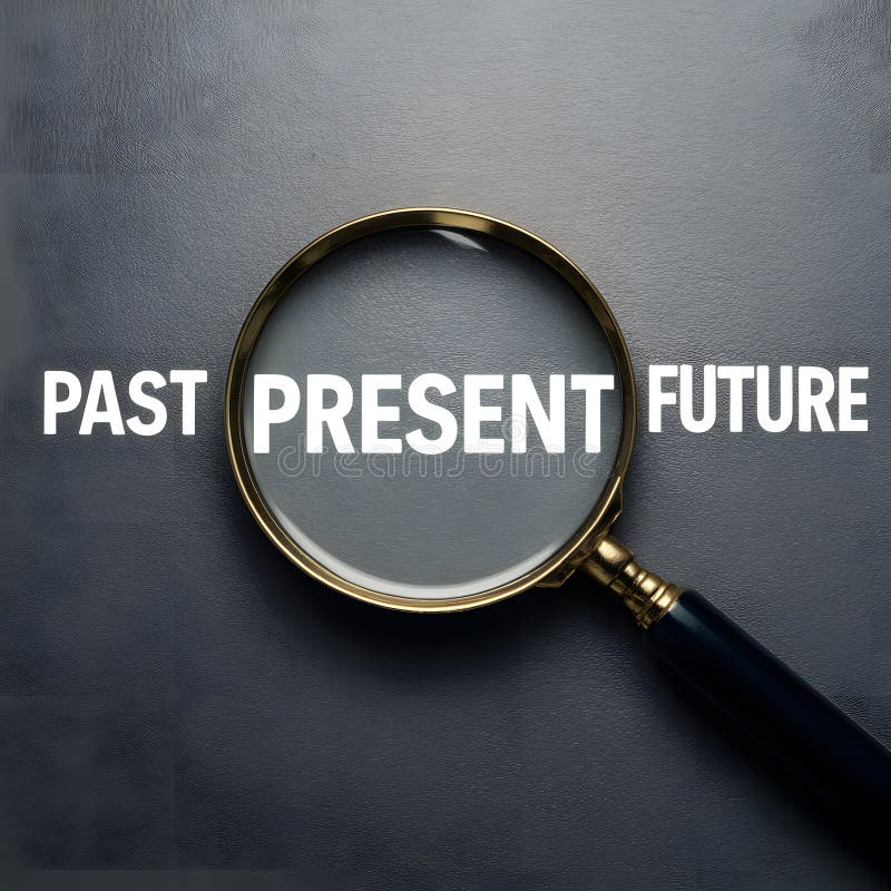 Magnifying Glass Magnifies Present on Gray Background with Past and ...