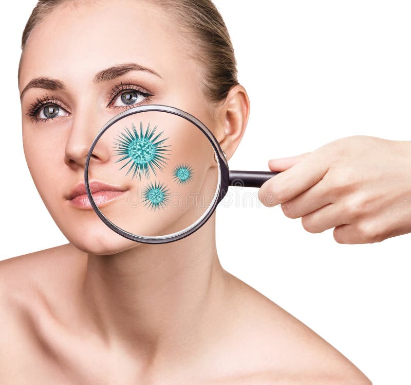 Magnifying Glass with Microbes on Female Face. Stock Photo - Image of ...