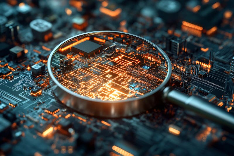 Magnifying Glass on Modern Circuit Board Stock Illustration ...