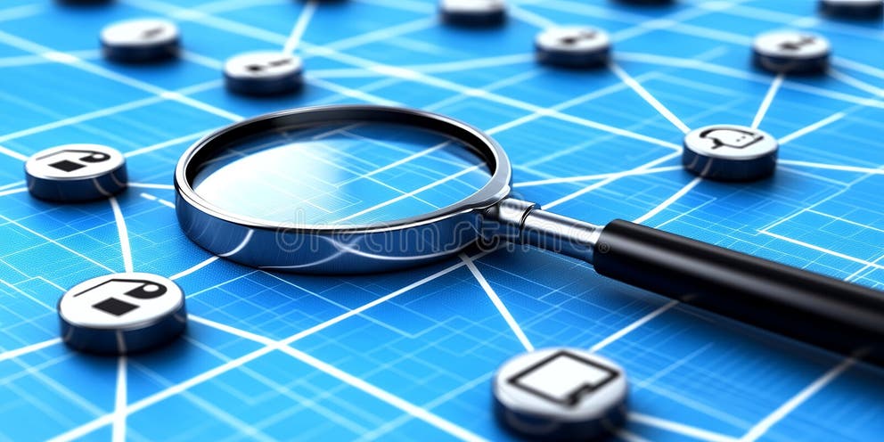 Magnifying Glass on Network Data Analysis Blueprint Digital Technology Research Concept Stock ...