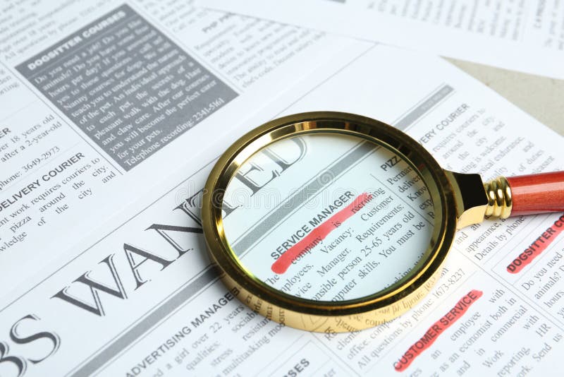 Magnifying Glass on Newspaper. Job Search Stock Image - Image of ...