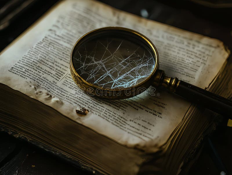 Magnifying Glass on Open Book with Antique Documents Stock Illustration ...
