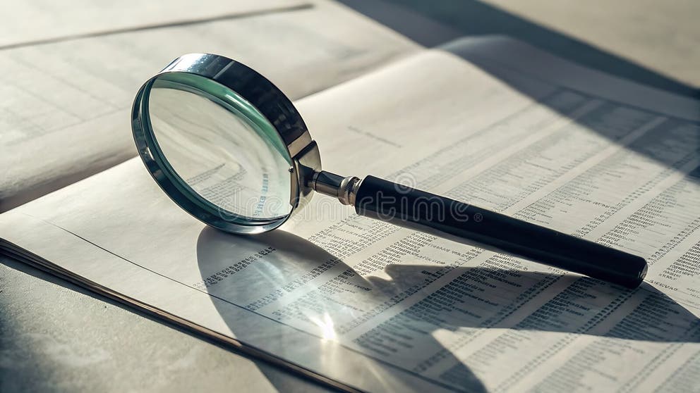 Magnifying Glass on Open Book with Detailed Text, Exploring Documents and Data Analysis Concept ...