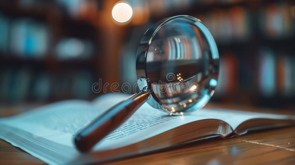 Magnifying Glass on an Open Book for Research and Discovery Stock Photo ...