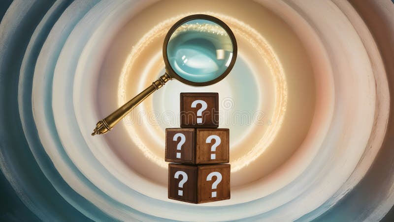 Magnifying Glass Over Blocks with Question Marks on Abstract Spiral ...