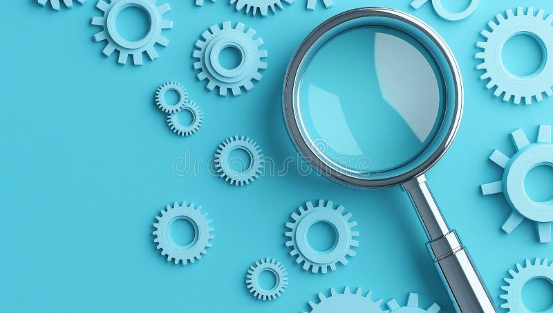 Magnifying Glass Over Blue Gears Symbolizing Teamwork and Problem ...