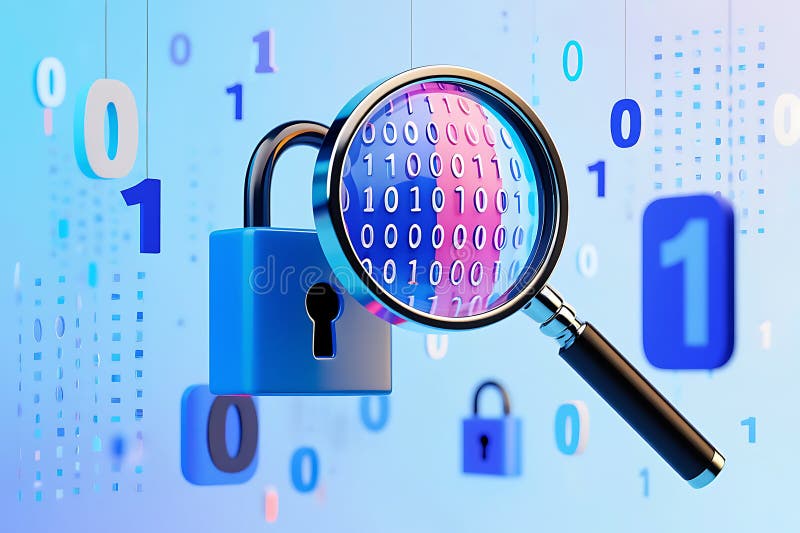 Magnifying Glass Over Blue Padlock and Binary Code Stock Illustration - Illustration of binary ...