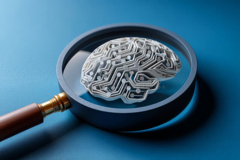 Magnifying Glass Over Brain Model with Circuit Pattern on Blue ...
