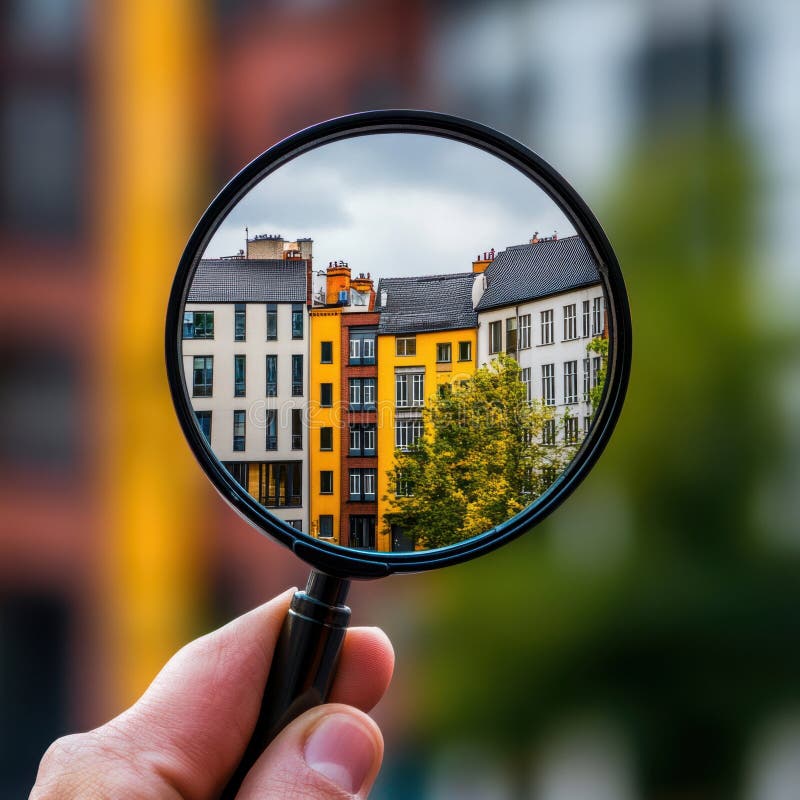 Magnifying Glass Over Charming Buildings in Urban Environment Stock ...