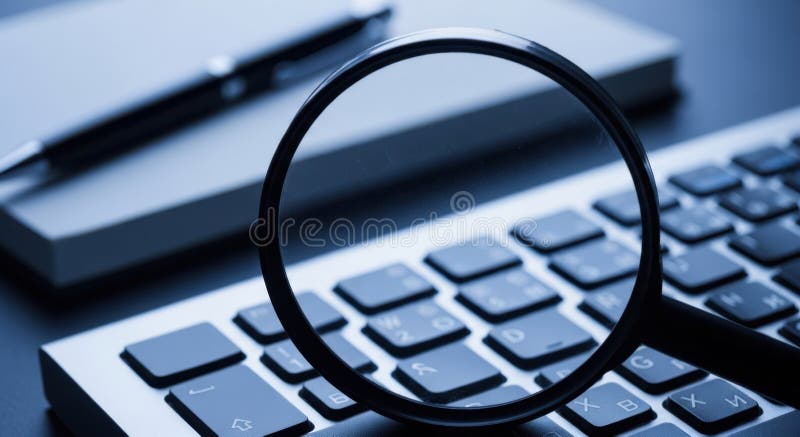 Magnifying Glass Over Computer Keyboard Inspiring Digital Research and Data Analysis Concepts ...