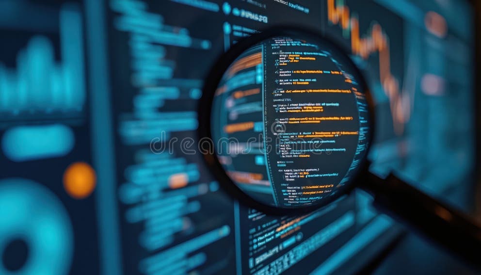 Magnifying Glass Over Computer Screen with Program Code and Charts ...