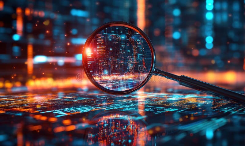 Magnifying Glass Over Data Grid with Glowing Charts, Vibrant Bokeh ... Magnifying Glass Over Data Grid with Glowing Charts, Vibrant Bokeh ...
