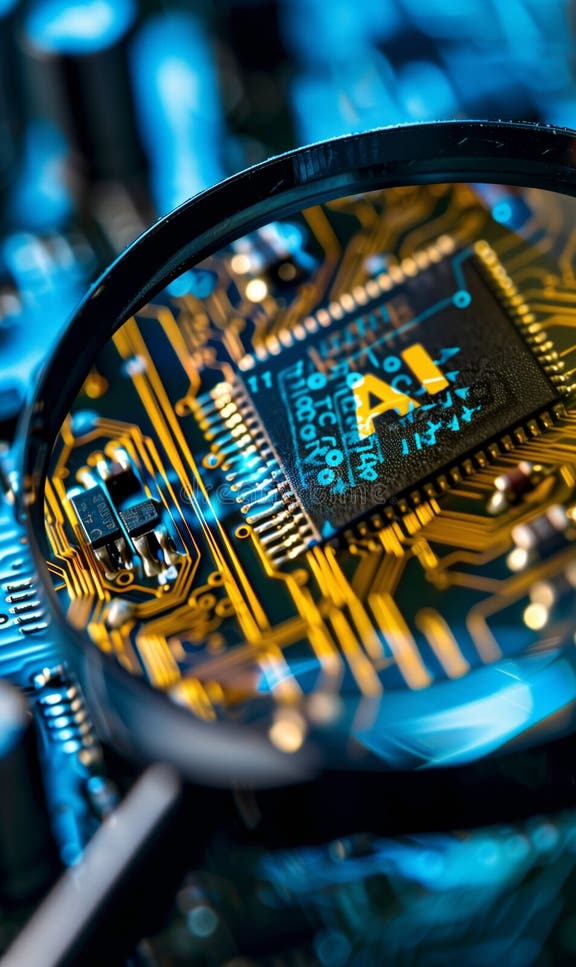 Magnifying Glass Over Dedicated AI Microchip on Electric Circuit Board ...