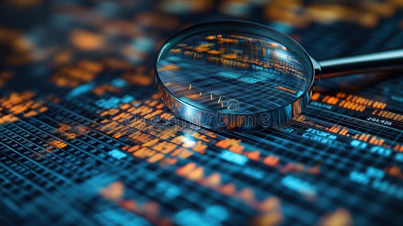 Magnifying Glass Over Detailed Financial Data Charts and Graphs Stock ...