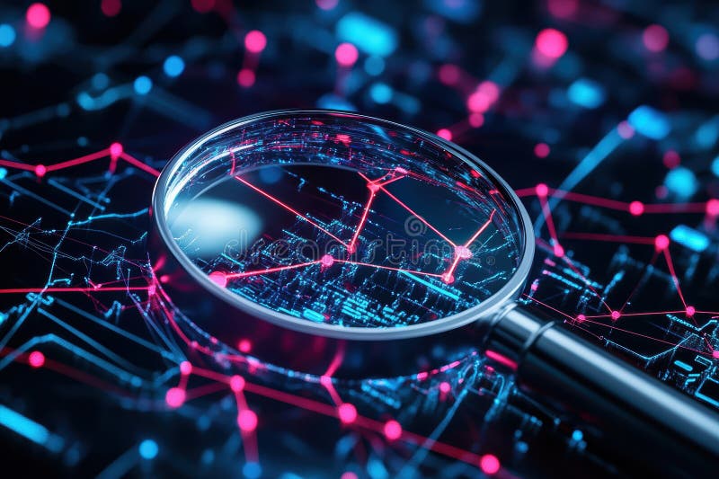 A Magnifying Glass Over a Digital Network Background, Symbolizing ...