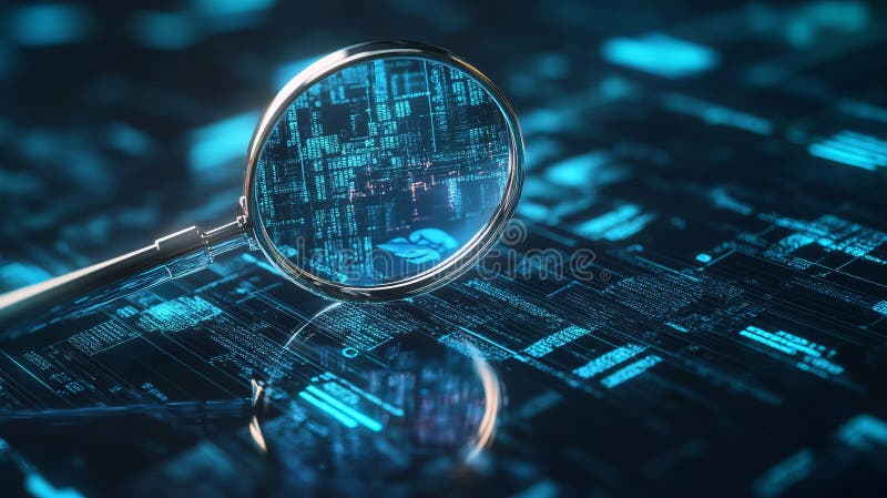 Magnifying Glass Over a Digital Screen. Data Analysis, Cybersecurity ...