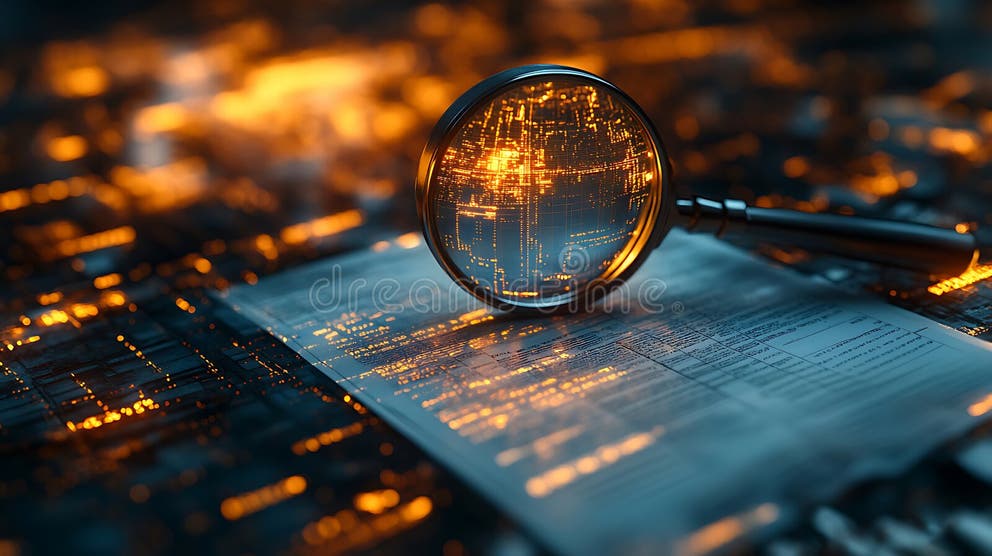 Magnifying Glass Over Document Revealing Tech Cityscape for Analysis Data Security and Forensic ...