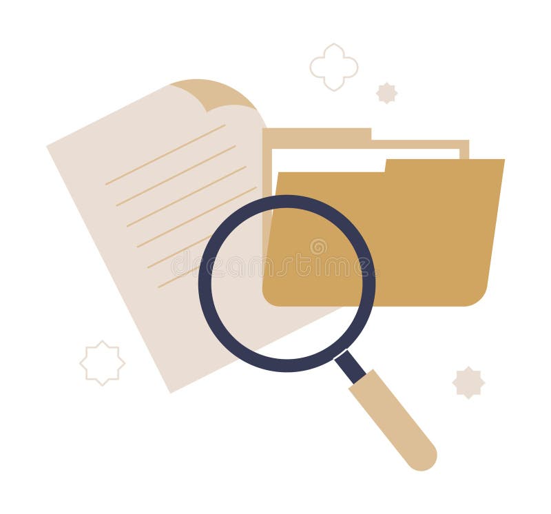 Magnifying Glass Over Documents and Folder in Flat Vector Illustration ...