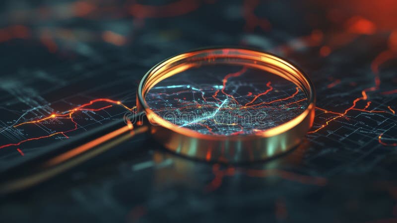 Magnifying Glass Over Glowing Digital Map Abstract Data Visualization ...
