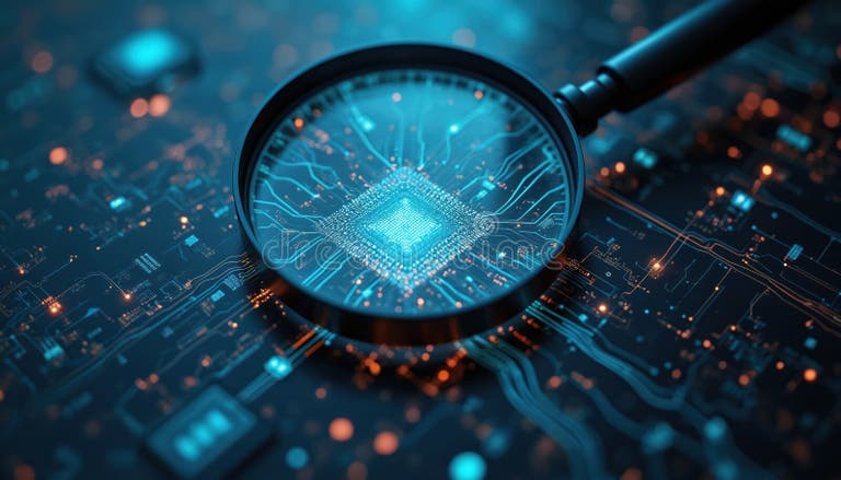 Magnifying Glass Over Glowing Digital Network, Circuits, Tech Elements ...