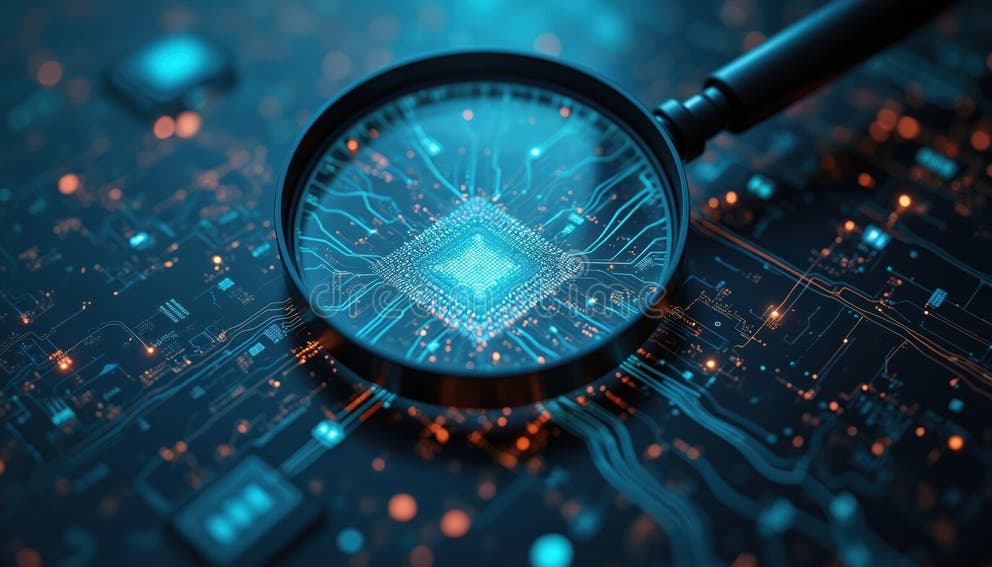 Magnifying Glass Over Glowing Digital Network, Circuits, Tech Elements ...