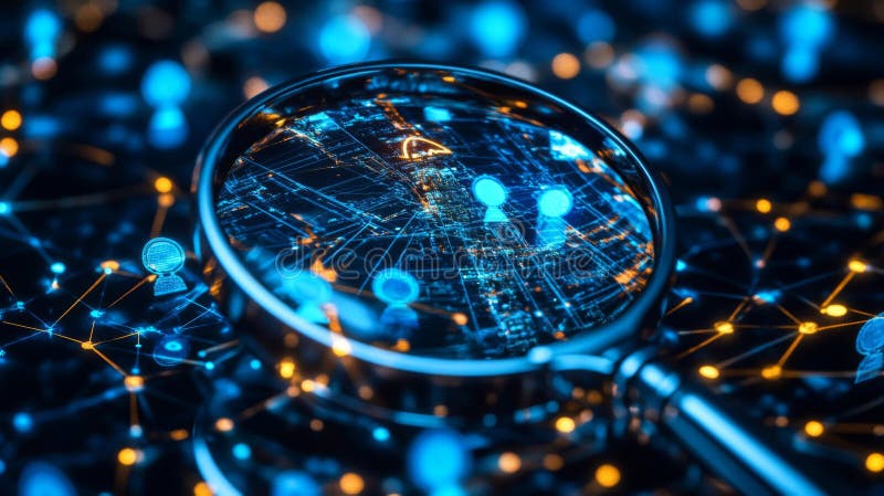 Magnifying Glass Over Glowing Global Network Map Stock Illustration ...