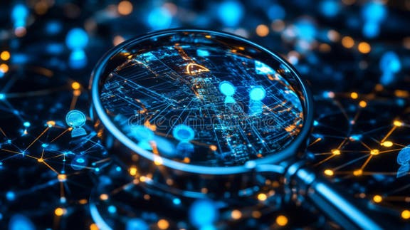 Magnifying Glass Over Glowing Global Network Map Stock Illustration ...